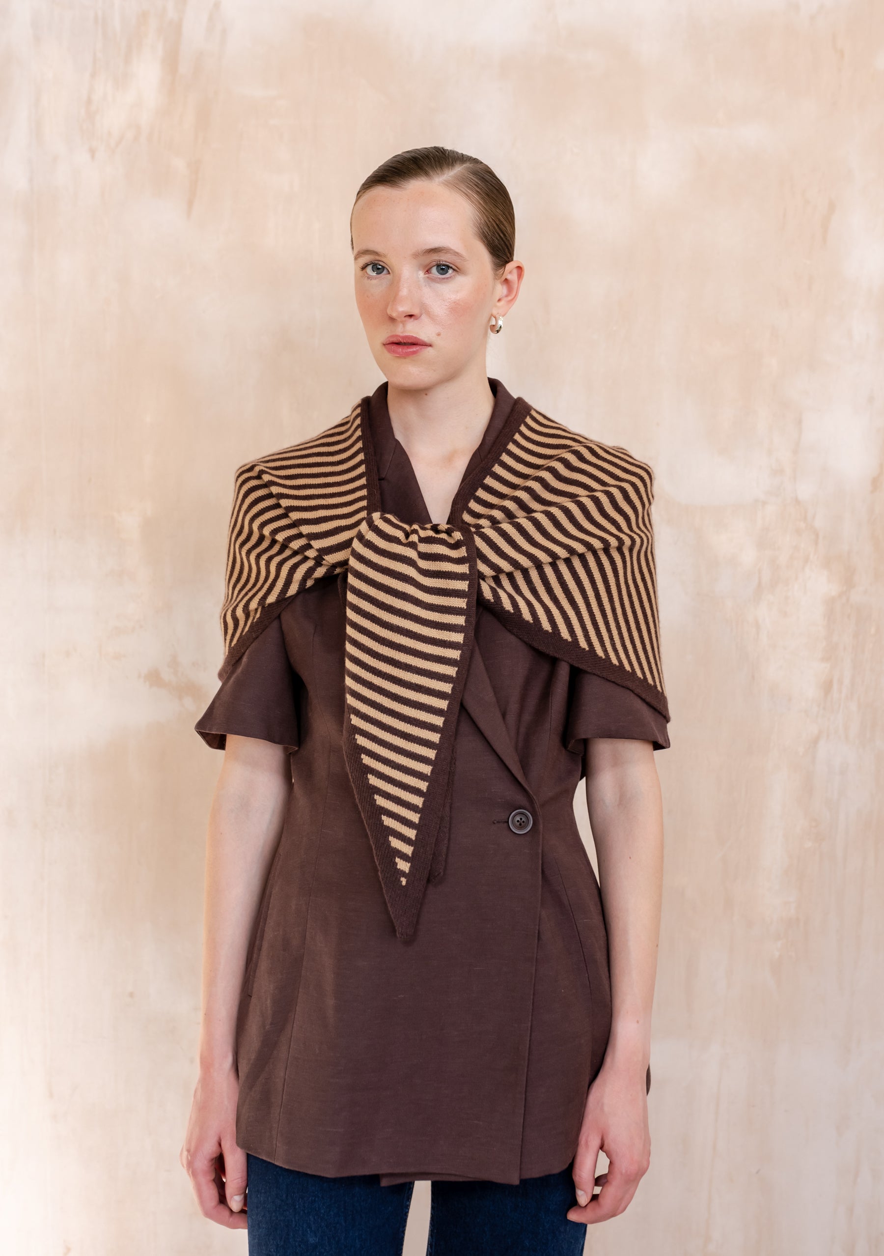 Tbco- Large Merino Triangle Scarf - Camel & Brown Stripe | HAYGEN