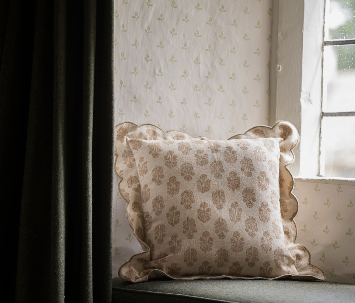 Scallop Blockprint Cushion - Taupe | HAYGEN